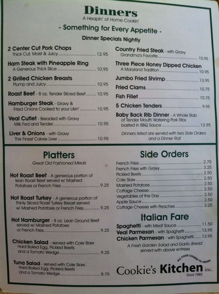 Menu at Cookie's Kitchen restaurant, Pasadena