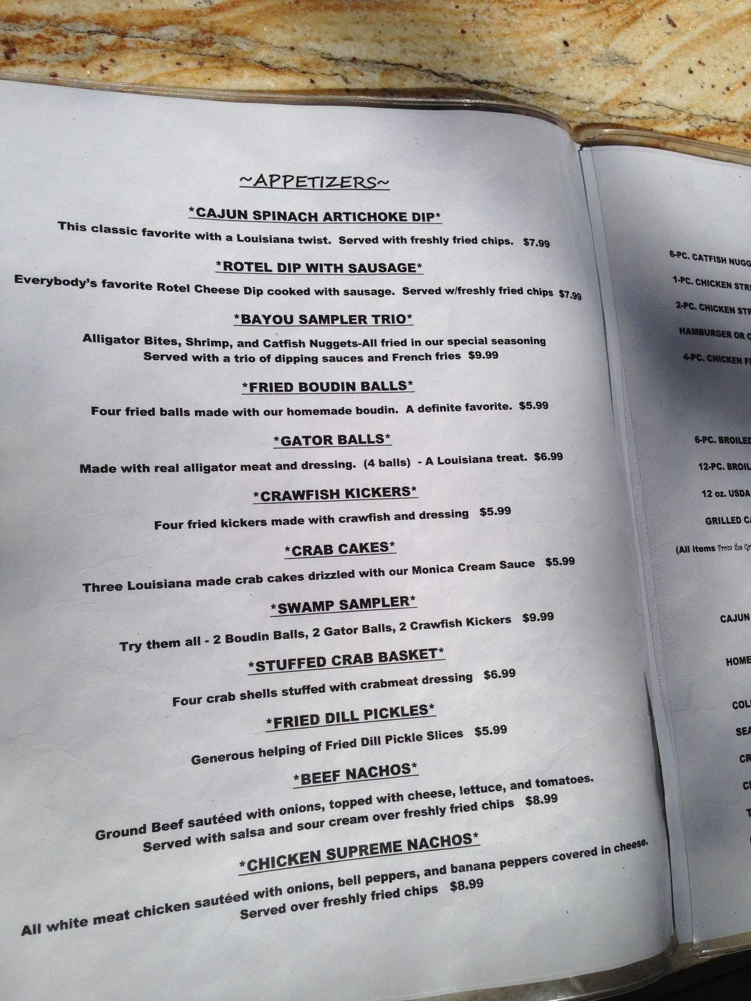 Menu at The Dock restaurant, Lake Providence