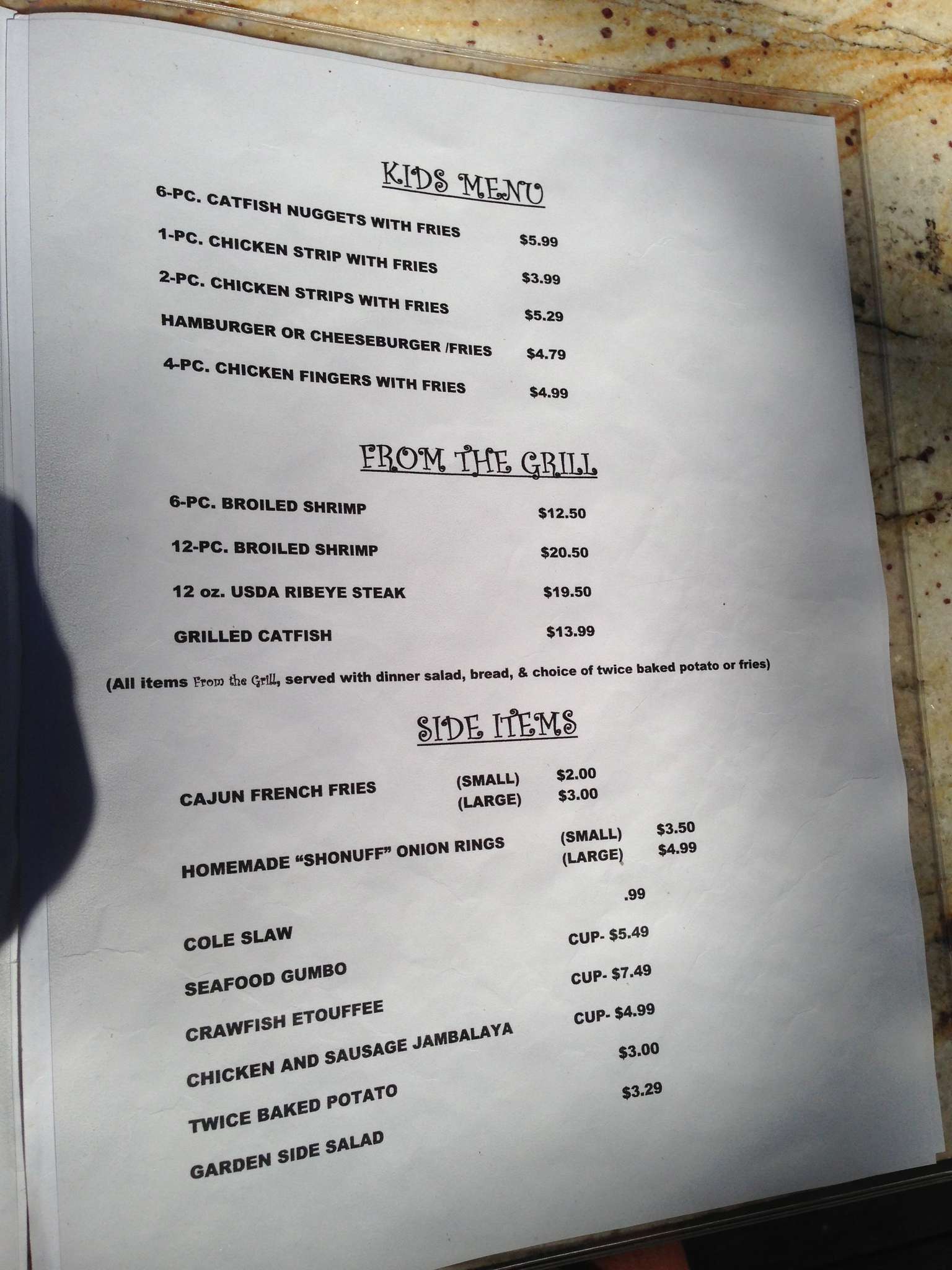 Menu at The Dock restaurant, Lake Providence