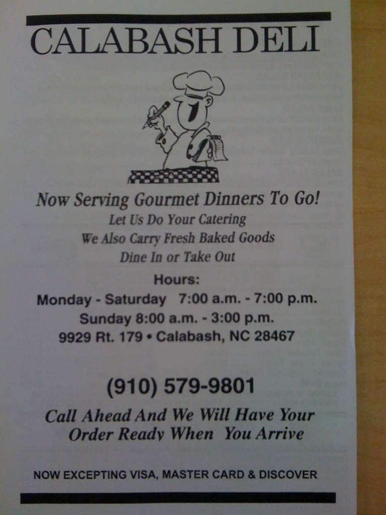 Menu at Calabash Deli cafe, Calabash, Beach Dr SW