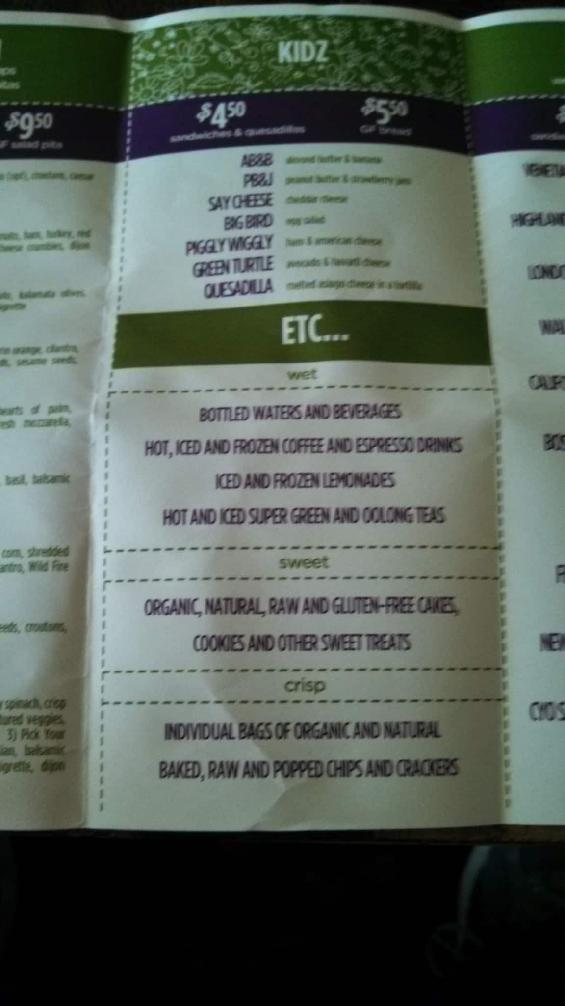 Menu at Wild Roots cafe, Gulf Breeze, 5 Via de Luna Dr