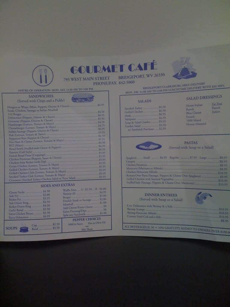Menu at Gourmet Cafe, Clarksburg, 218 N 7th St