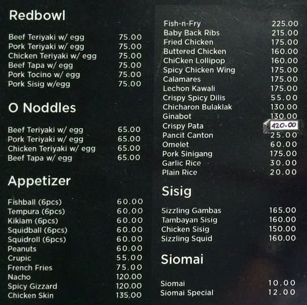 Menu at Tambayan Resto Bar, Cebu City