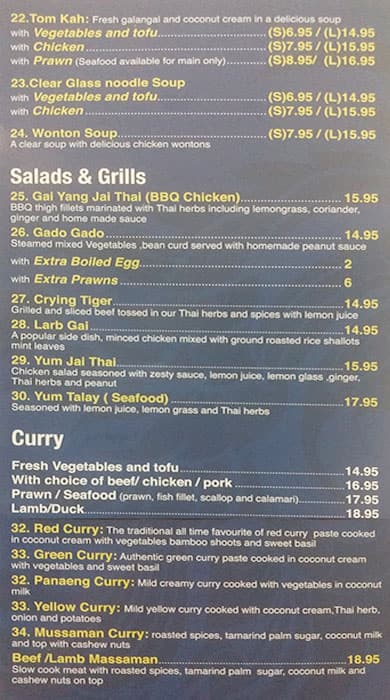 Menu at Jai Thai restaurant, Brisbane City, 39 Sherwood Road