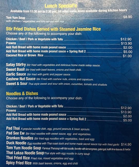 Menu at Jai Thai restaurant, Brisbane City, 39 Sherwood Road
