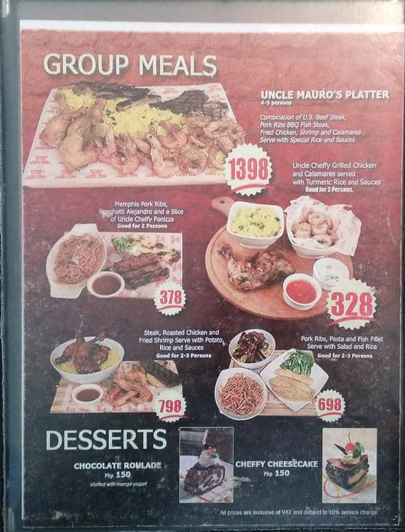 Menu at Uncle Cheffy Kuse restaurant, Tagaytay