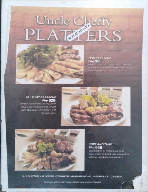 Menu at Uncle Cheffy Kuse restaurant, Tagaytay
