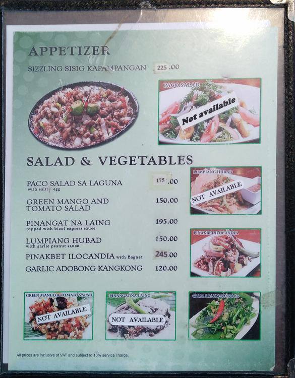Menu at Uncle Cheffy Kuse restaurant, Tagaytay