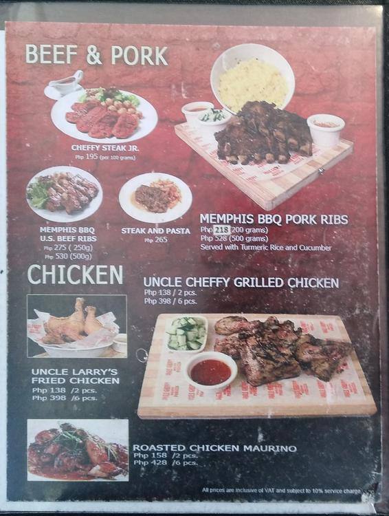 Menu at Uncle Cheffy Kuse restaurant, Tagaytay