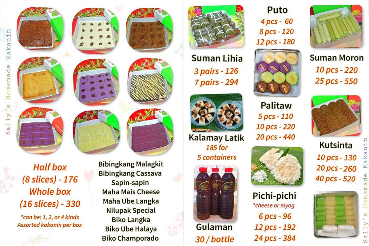 Menu at Sally's Homemade Kakanin restaurant, Mandaluyong, LG