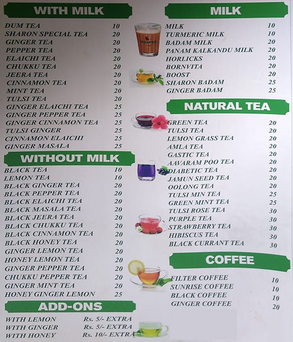 Menu of Sharon Tea Stall, Jeevan Bhima Nagar, Bangalore
