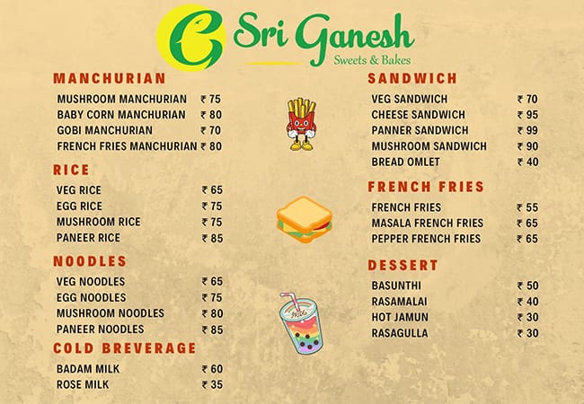 Menu at Sri Ganesh Sweets & Bakes, Coimbatore
