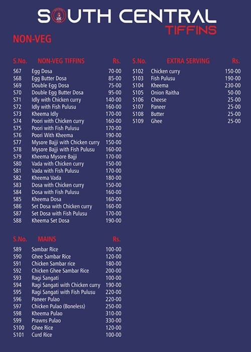 Menu at South Central Tiffins, Hyderabad