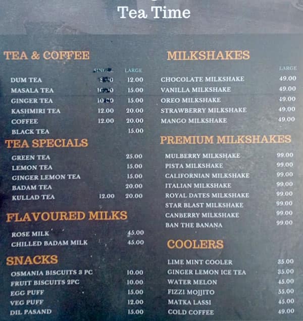 Menu of Tea Time, Dilsukhnagar, Hyderabad