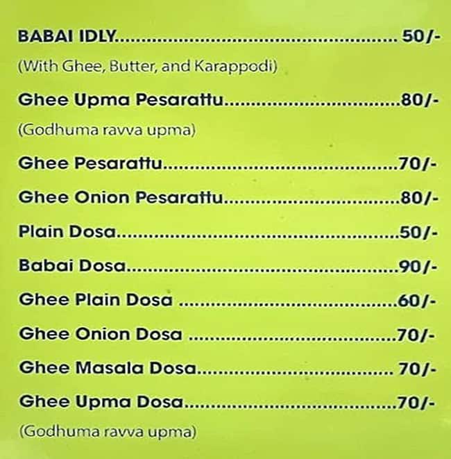 Menu of Babai Hotel, Hitech City, Hyderabad