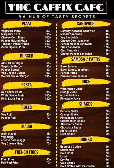 Menu of The Caffix Cafe, Sapna Sangeeta, Indore