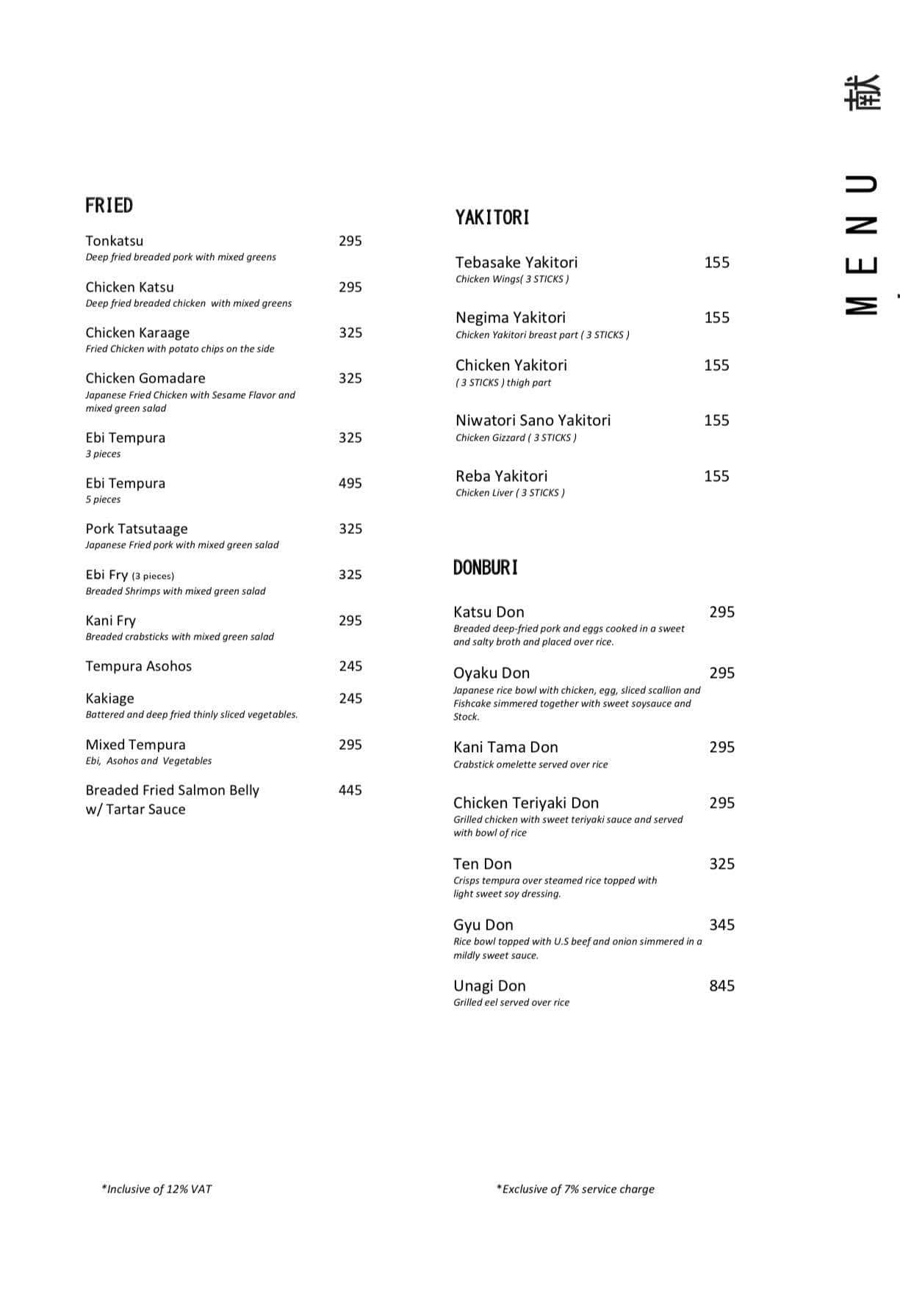 Menu at Aozora Japanese Restaurant, Tagaytay, 209 SVD Rd