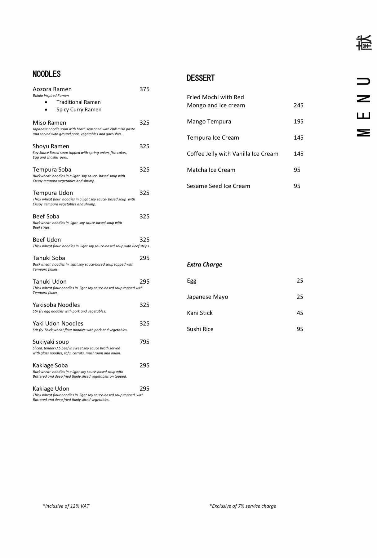 Menu at Aozora Japanese Restaurant, Tagaytay, Svd Road brgy San Jose