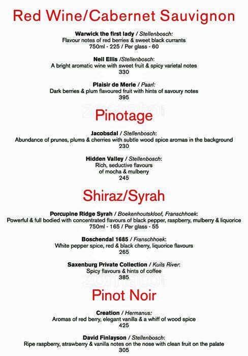 Menu at Savour cafe, Cape Town