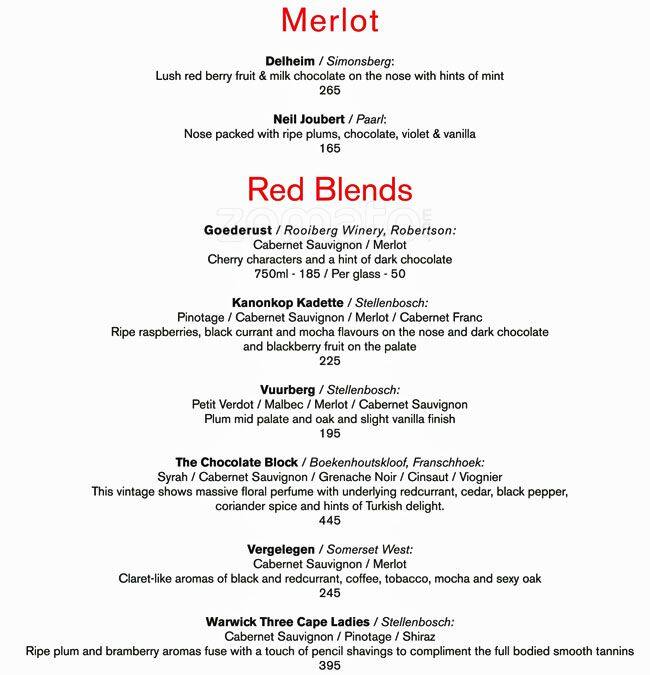 Menu at Savour cafe, Cape Town