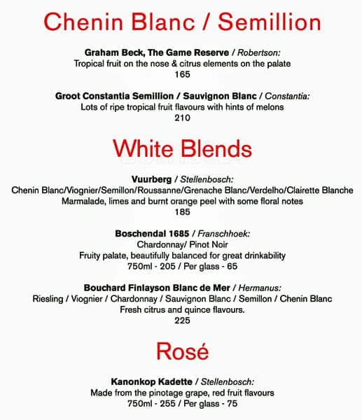 Menu at Savour cafe, Cape Town