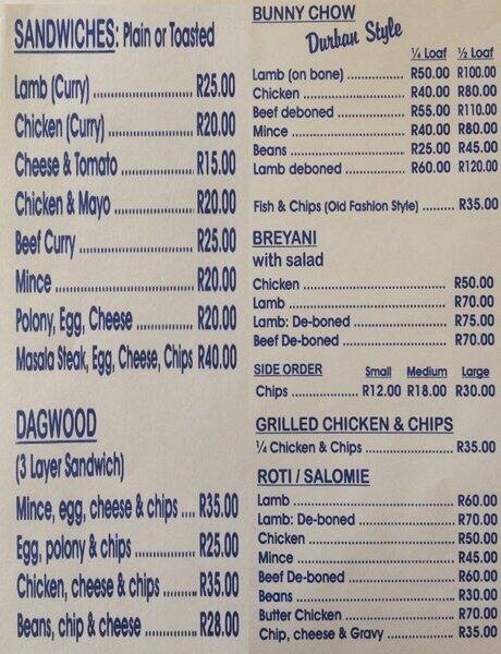 Menu at Sunrise Curry Den, Cape Town, Gerber Centre