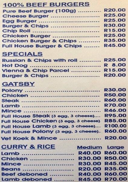 Menu at Sunrise Curry Den, Cape Town, Gerber Centre