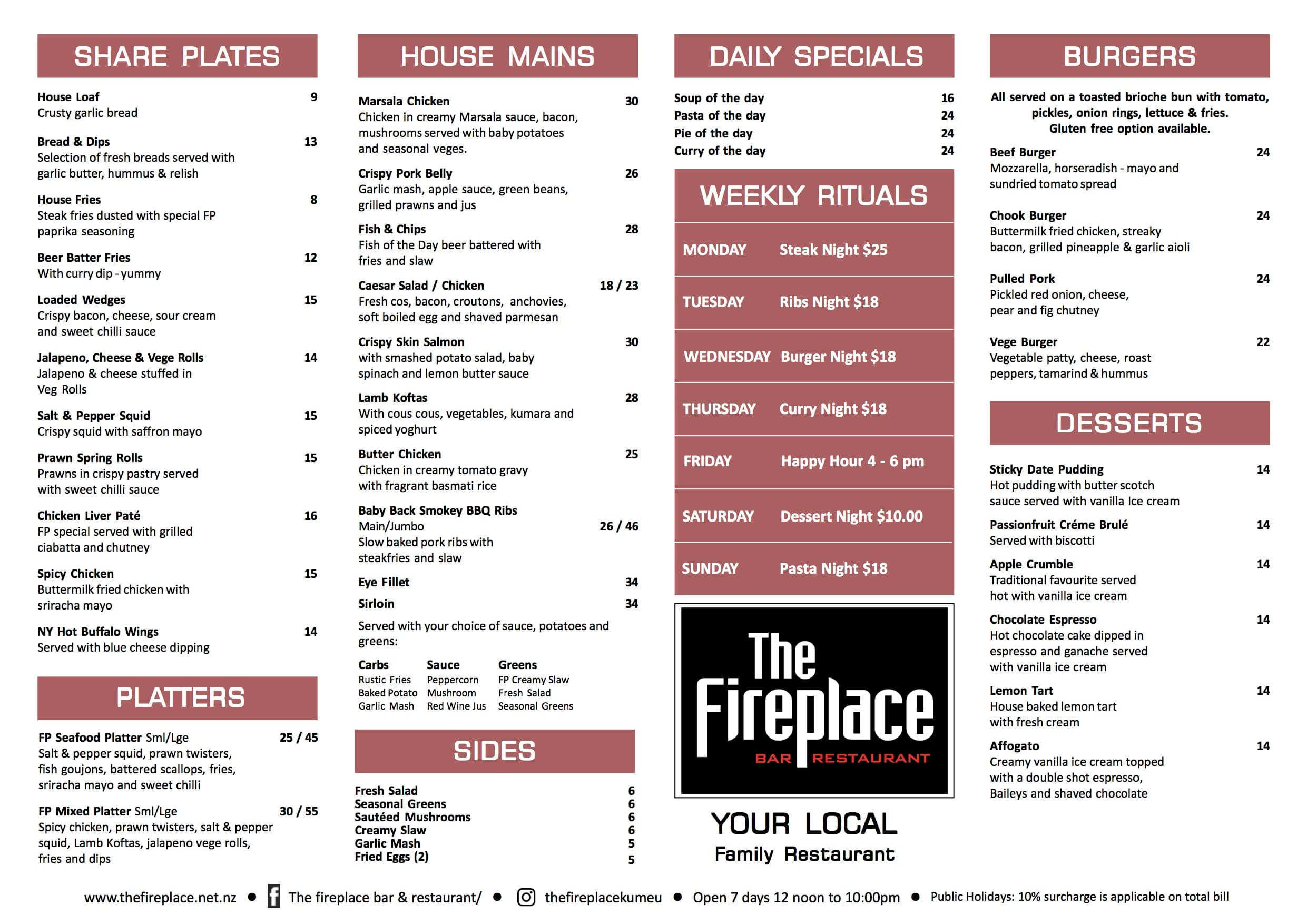 Menu at The Hive Bar & Restaurant, Kumeu