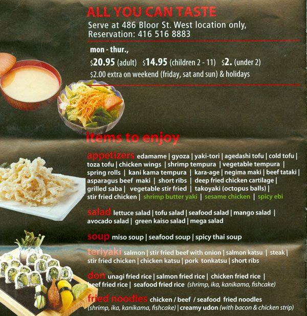 Menu at New Generation Sushi restaurant, Toronto, 486 Bloor St W