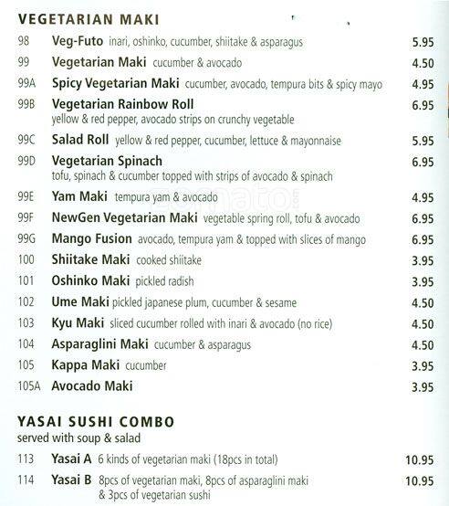 Menu at New Generation Sushi restaurant, Toronto, 486 Bloor St W