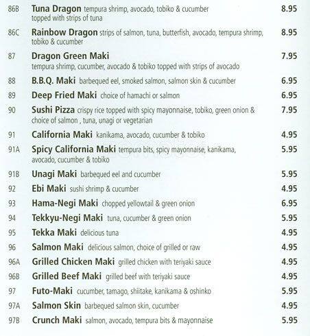 Menu at New Generation Sushi restaurant, Toronto, 486 Bloor St W
