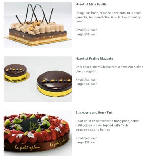 Menu at Le Petit Gateau cafe, Melbourne