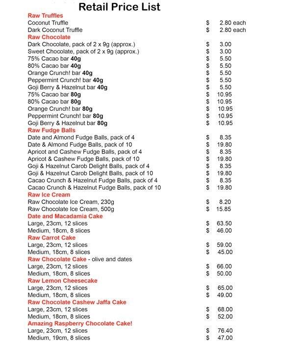 Menu at Raw Life Living Foods restaurant, Adelaide