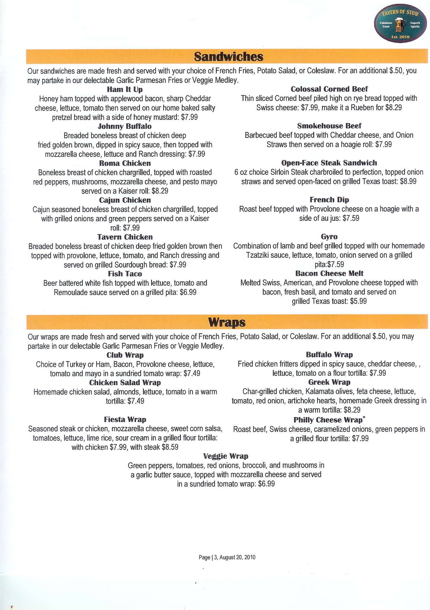 Menu at The Tavern of Stow restaurant, Stow