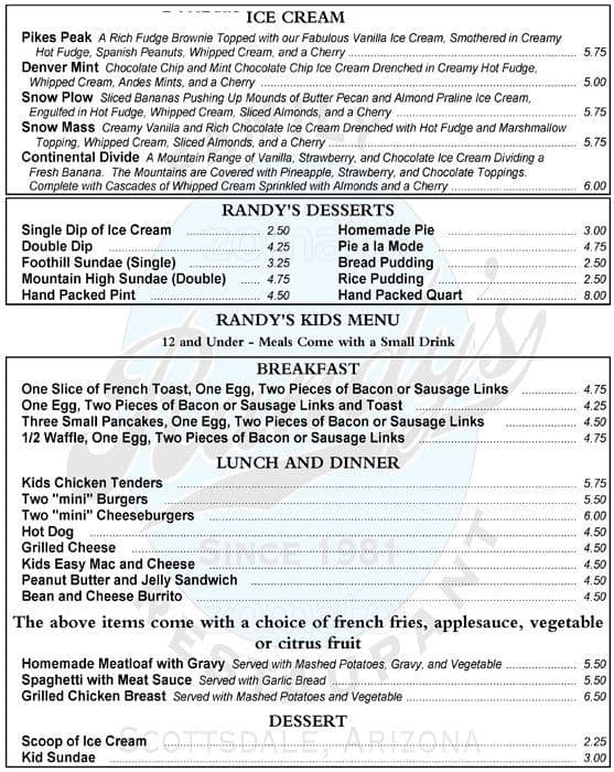 Menu at Randy's Restaurant & Ice Cream, Scottsdale
