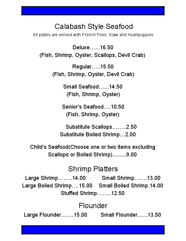 Menu at Calabash Seafood Hut restaurant, Calabash