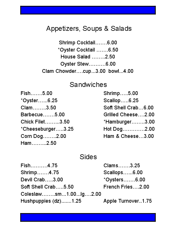 Menu at Calabash Seafood Hut restaurant, Calabash