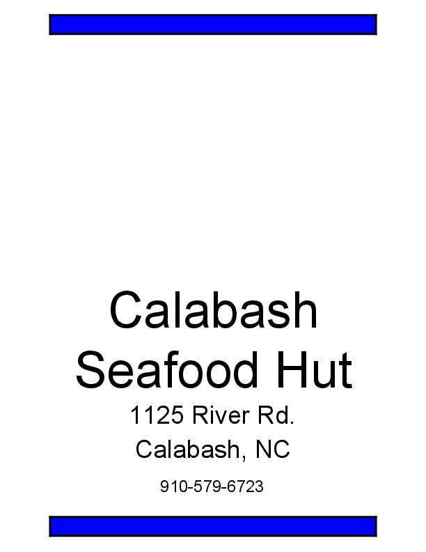 Menu at Calabash Seafood Hut restaurant, Calabash