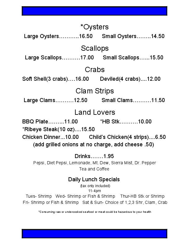 Menu at Calabash Seafood Hut restaurant, Calabash