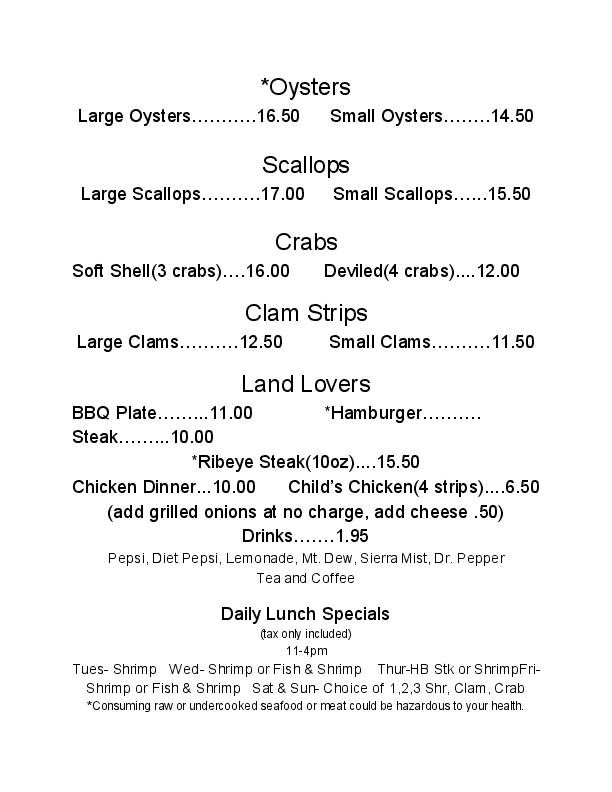 Menu at Calabash Seafood Hut restaurant, Calabash