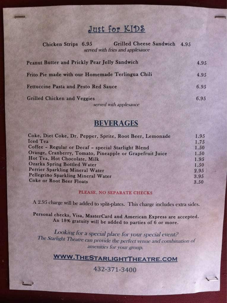 Menu at Starlight Theatre Restaurant, Study Butte-Terlingua