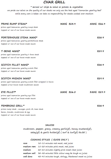 Menu at Pembroke Hotel pub & bar, Sorell