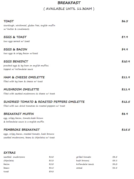 Menu at Pembroke Hotel pub & bar, Sorell