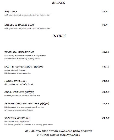 Menu at Pembroke Hotel pub & bar, Sorell