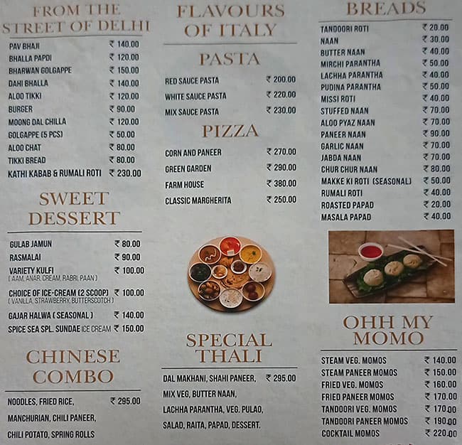 Menu of Spice Sea, Shalimar Bagh, New Delhi