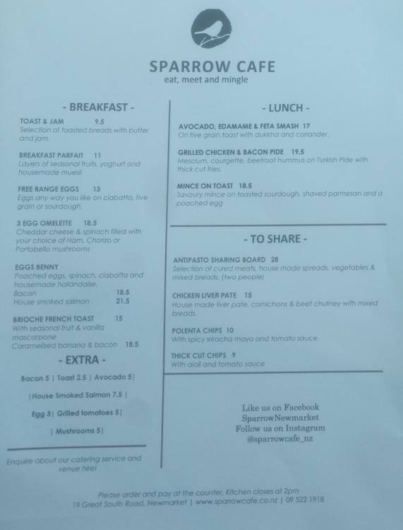 Sparrow Menu, Menu for Sparrow, Epsom, Auckland - Menumania/Zomato