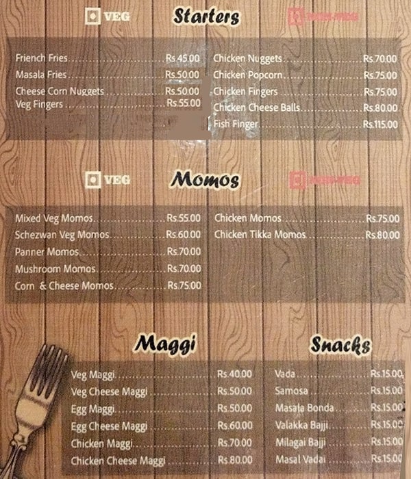 Menu of Cinema Cafe, Valasaravakkam, Chennai