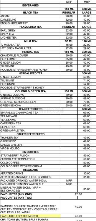Menu at The Tea Junction, Kolkata, DLF IT Pk