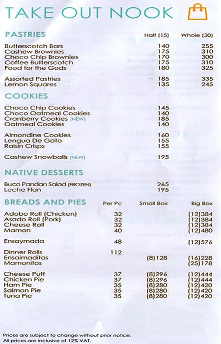 Carta de Conti's Bakeshop & Restaurant - Greenbelt 2, Makati