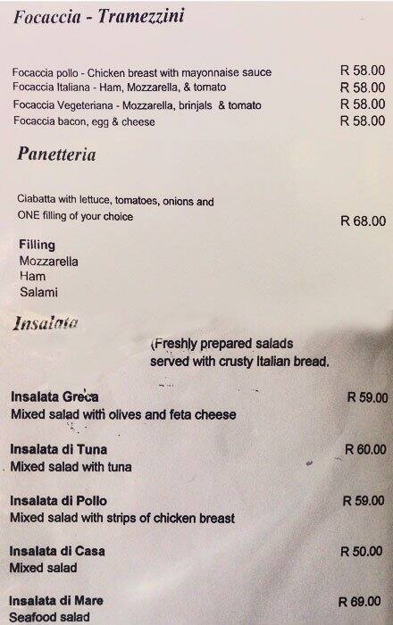 Menu at Cafe Allegro, Cape Town